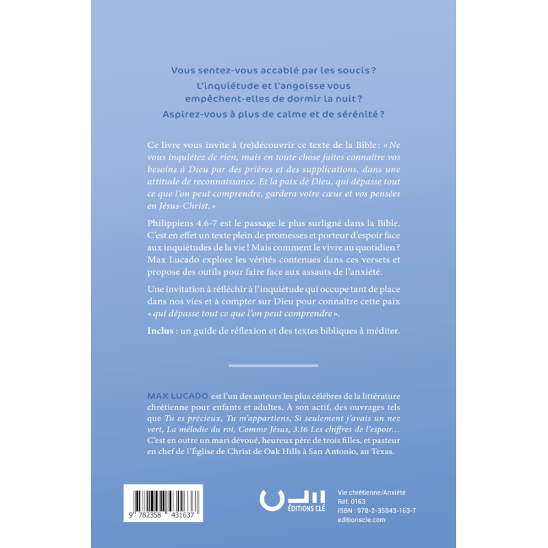 Ne vous inquiétez de rien - Max Lucado - Livre des Éditions Clé